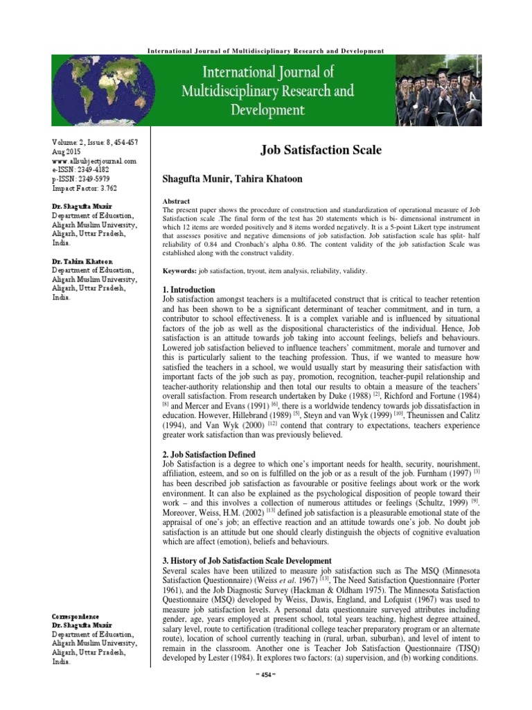 Job Satisfaction Scale: Shagufta Munir, Tahira Khatoon | Download Free ...