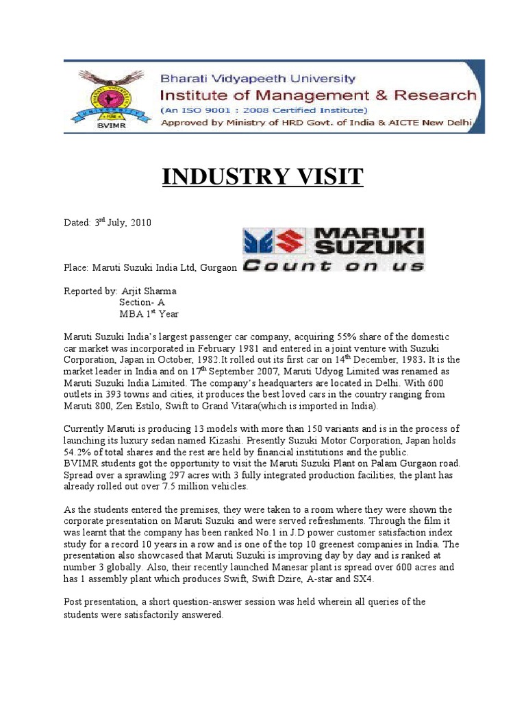 Industry Visit To Msil | PDF | Motor Vehicle Manufacturers | Motor Vehicle