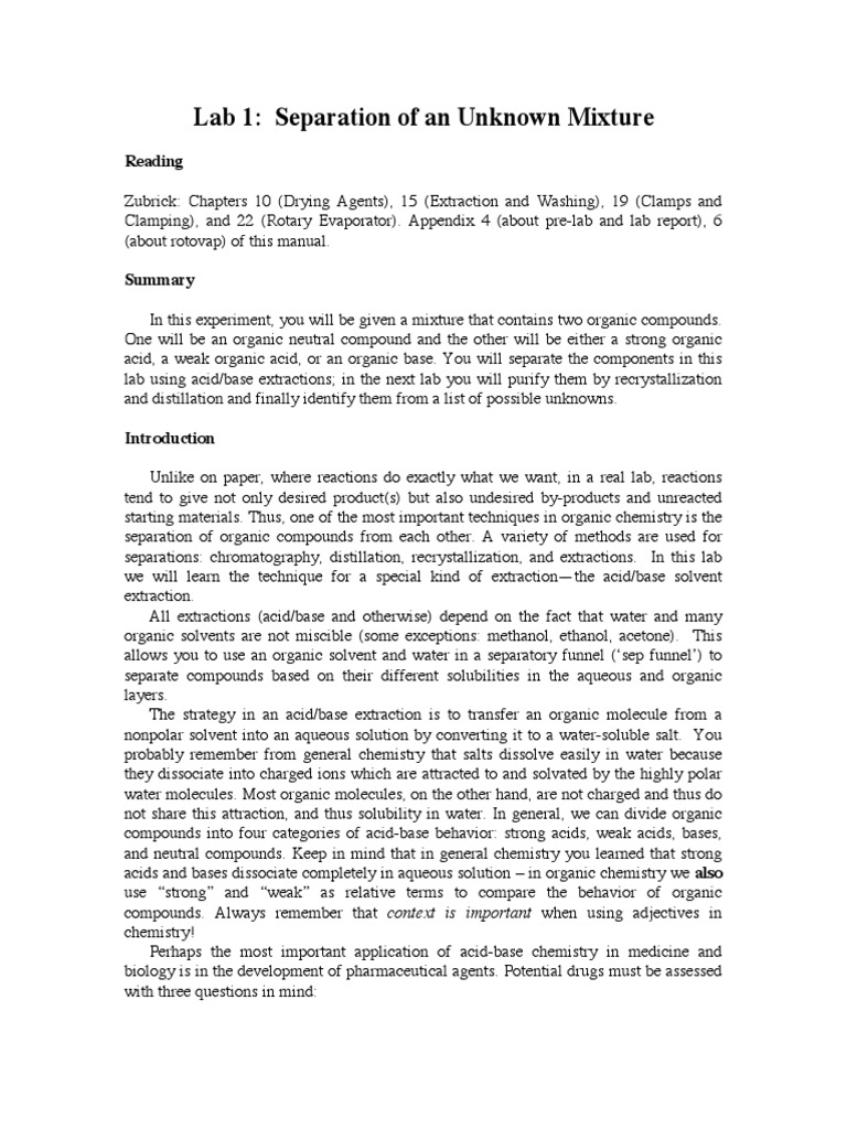 Lab 1: Separation of An Unknown Mixture: Reading | PDF | Solubility | Acid