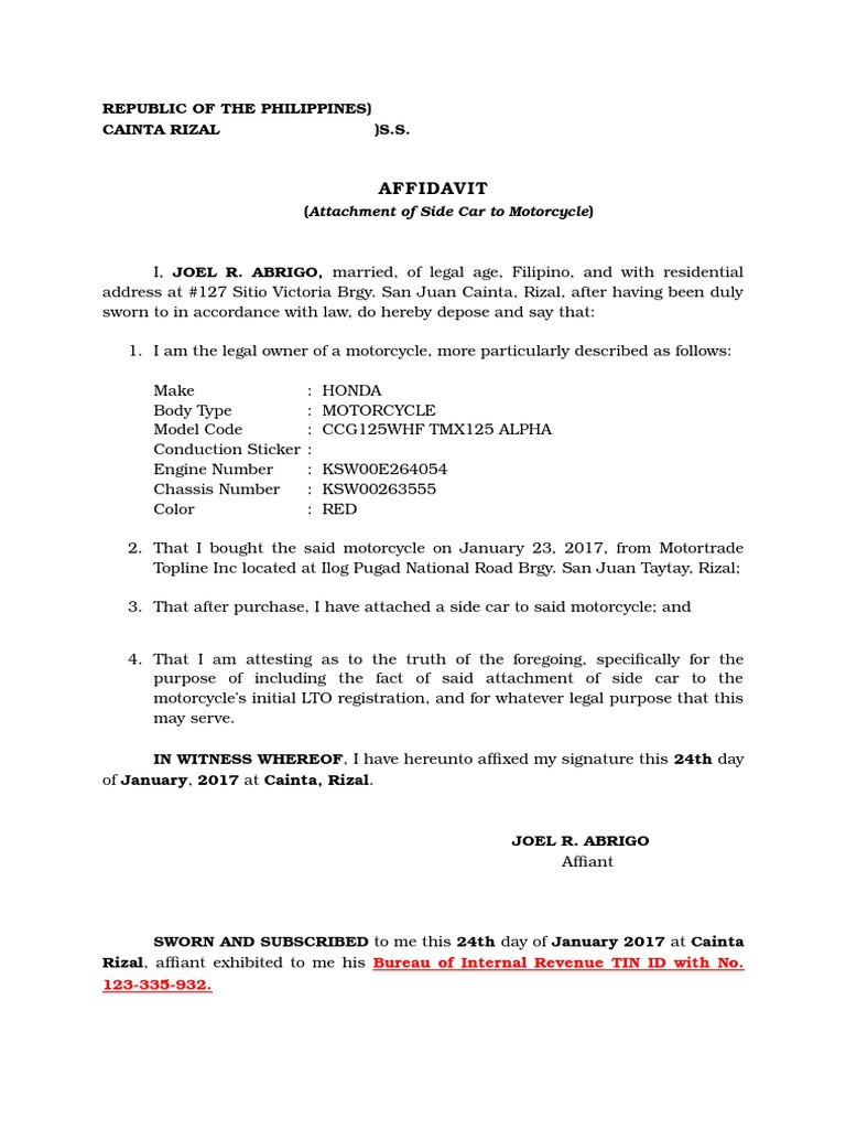 Affidavit: Republic of The Philippines) Cainta Rizal) S.S | PDF