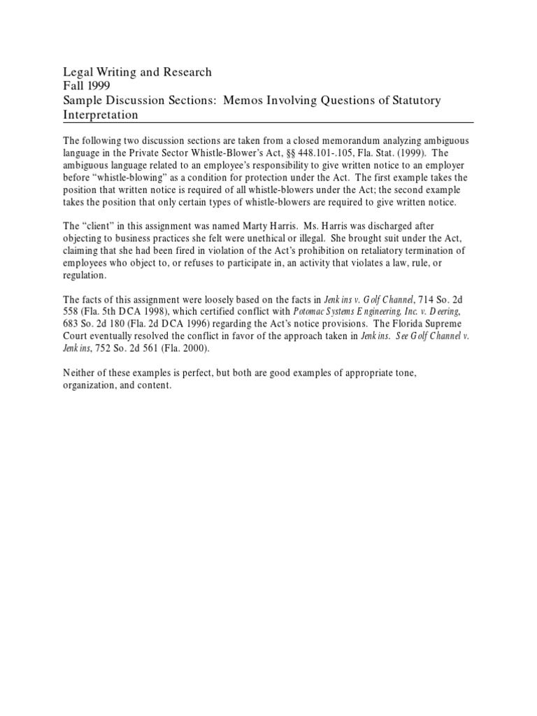 Legal Writing and Research Fall 1999 Sample Discussion Sections: Memos ...