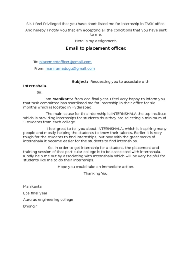 Email To Placement Officer.: Internshala | PDF