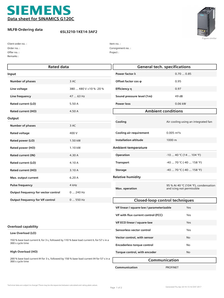 SINAMICS G120C 6SL3210-1KE14-3AF2 Data Sheet | PDF | Control Theory | Relay
