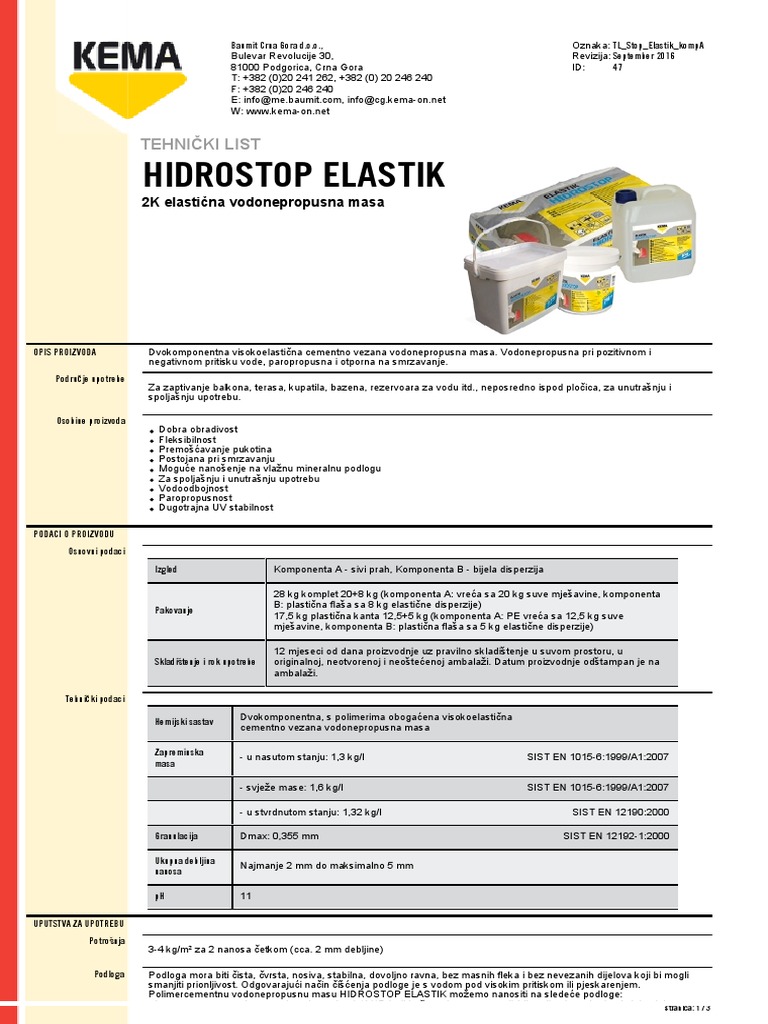 Hidrostop Elastik: Tehnički List