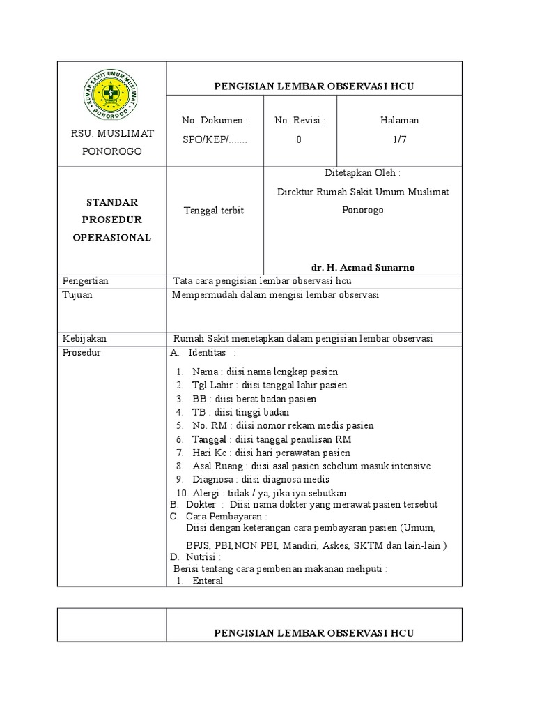Sop Observasi Hcu | PDF