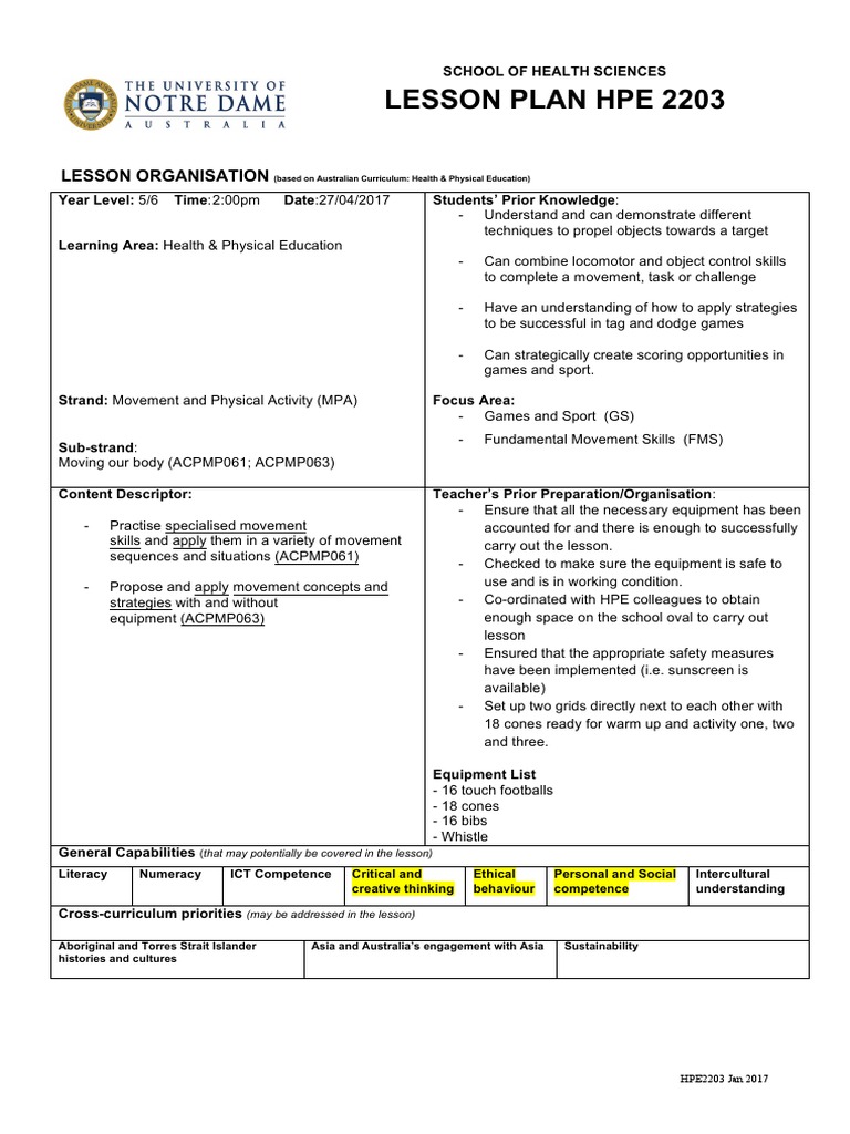 Touch Football Lesson Plan for Year 5/6 | PDF | Physical Education ...