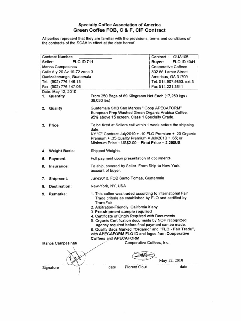 Green Coffee FOB, C & F, Contract: Specialty Coffee Association of ...