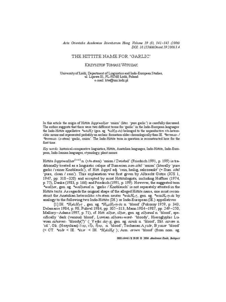 The Hittite Name For Garlic | PDF | Onion | Latin