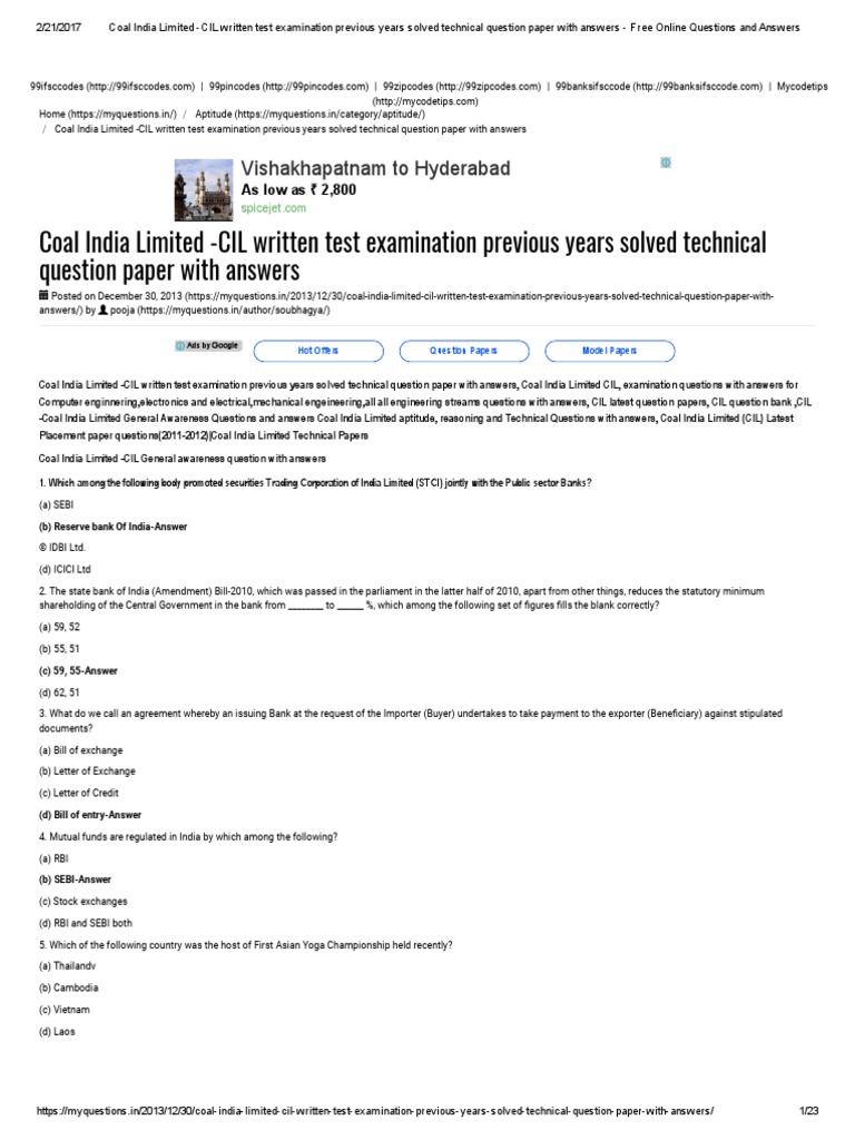 Coal India Limited - CIL Written Test Examination Previous Years Solved ...