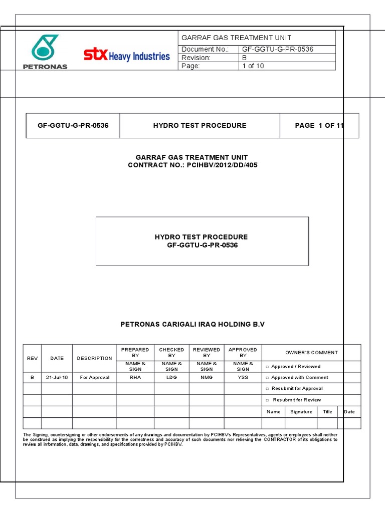 Hydro Test Procedure | PDF | Pipe (Fluid Conveyance) | Valve