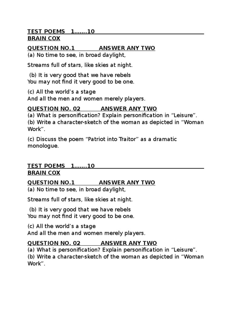 Test Poems 1 .10 Brain Cox Question No.1 Answer Any Two | PDF