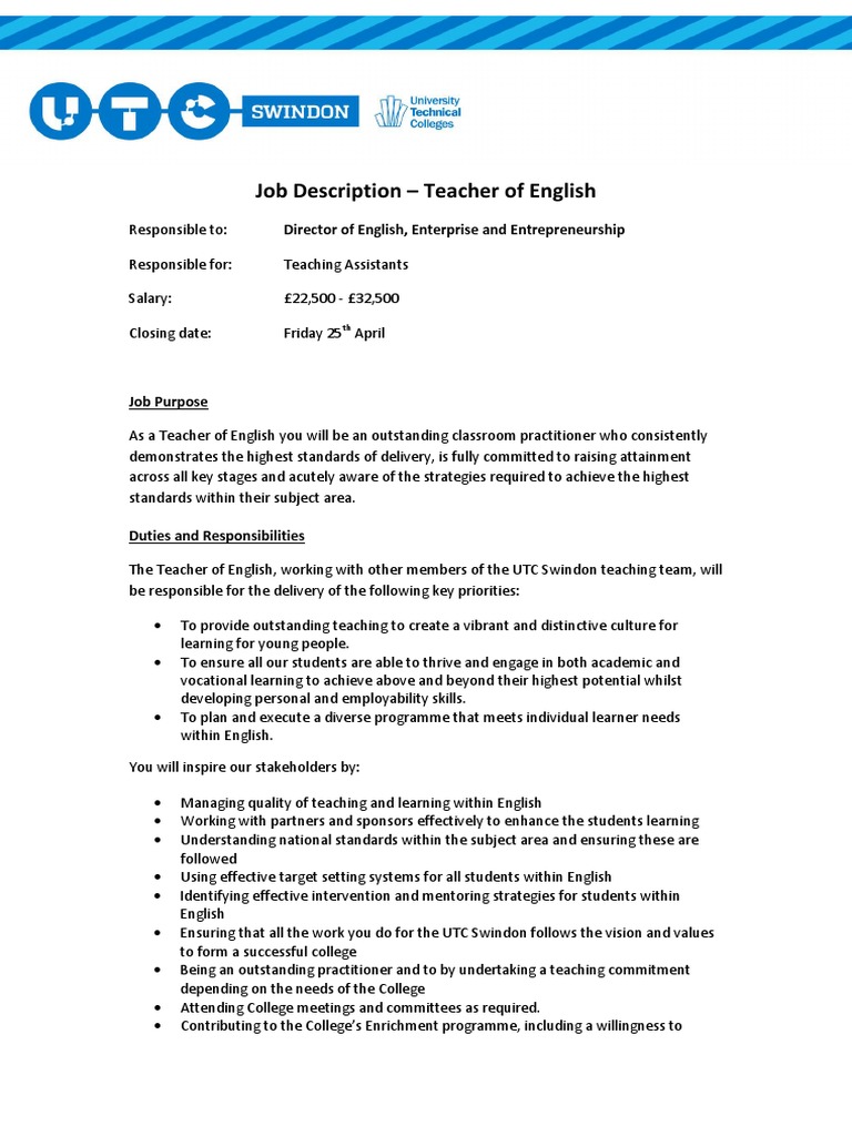 Job Description - Teacher of English | PDF | Teachers | Pedagogy