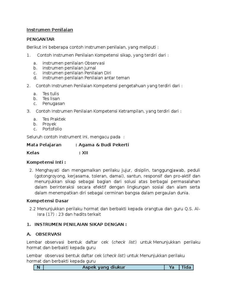 CONTOH Instrumen Penilaian PAI | PDF