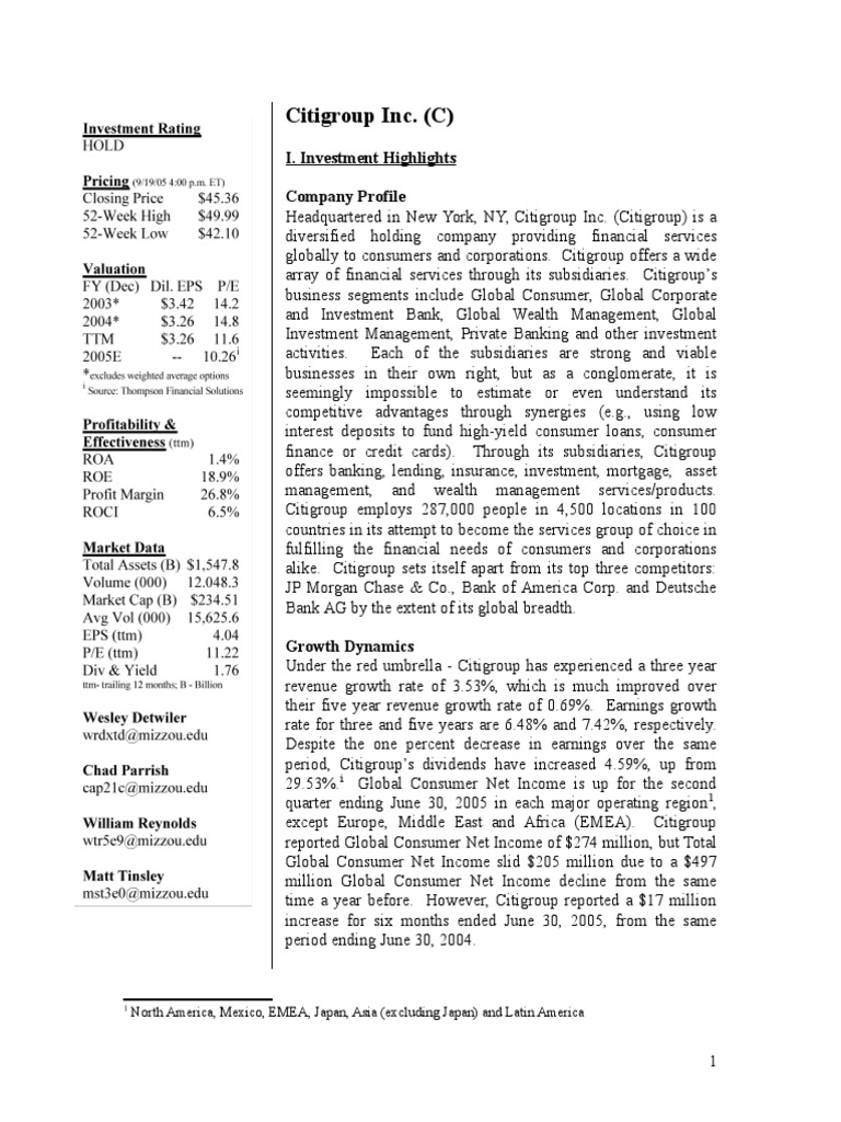 Citigroup Inc Analysis | PDF | Citigroup | Cost Of Capital