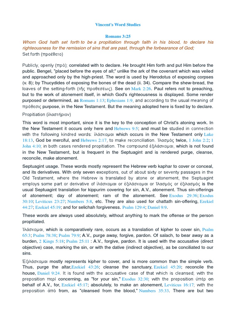 Marvin Vincent's Commentary On Romans 3:25-26 | PDF | Book Of Leviticus | Grace In Christianity