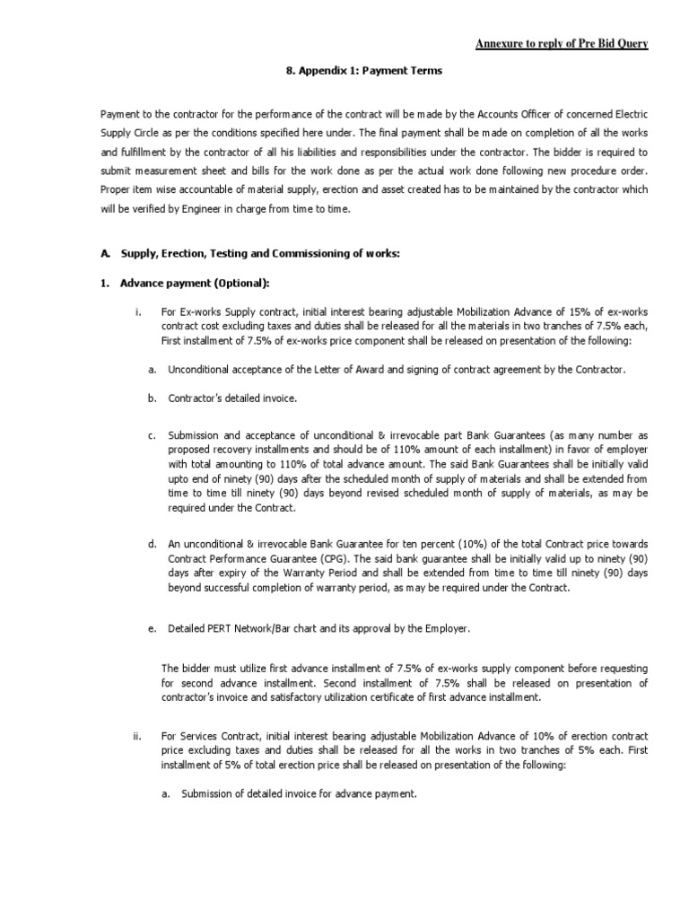 Appendix 1: Payment Terms: Annexure To Reply of Pre Bid Query | PDF ...
