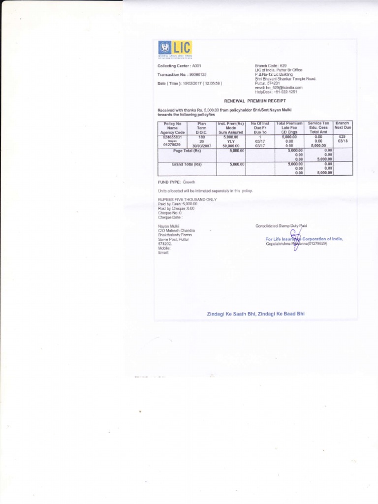 LIC renewal premium receipt for Rs. 5,000 | PDF