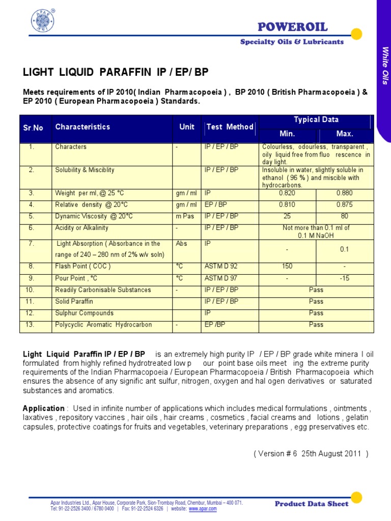 Light Liquid Paraffin - Ip - BP - Ep | PDF | Alkane | Oil