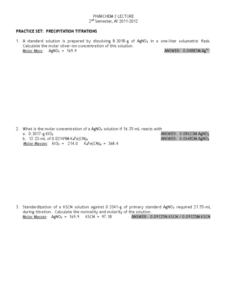 PRACTICE PROBLEMS - Precipitation Titration | PDF | Molar Concentration ...