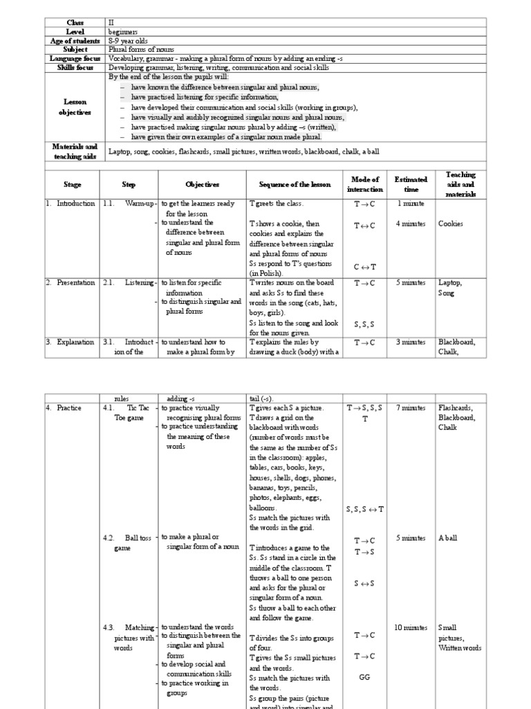 Grammar Teaching Lesson Plan Grammatical Number Plural
