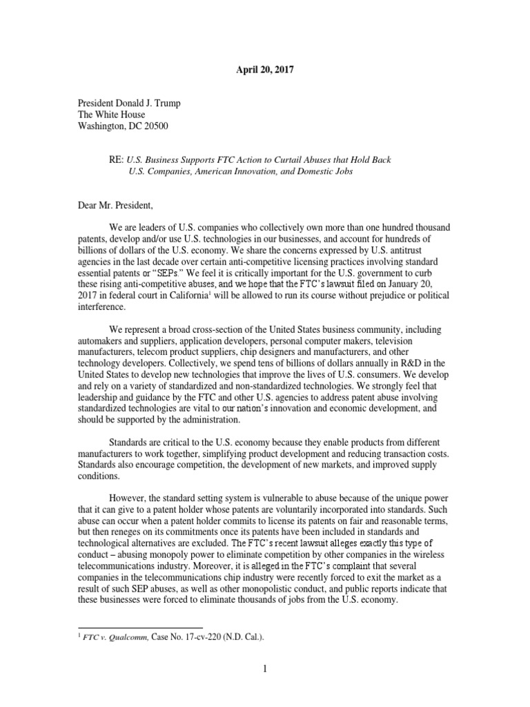 17-04-20 Multi-Stakeholder SEP White House Letter | PDF | Federal Trade ...
