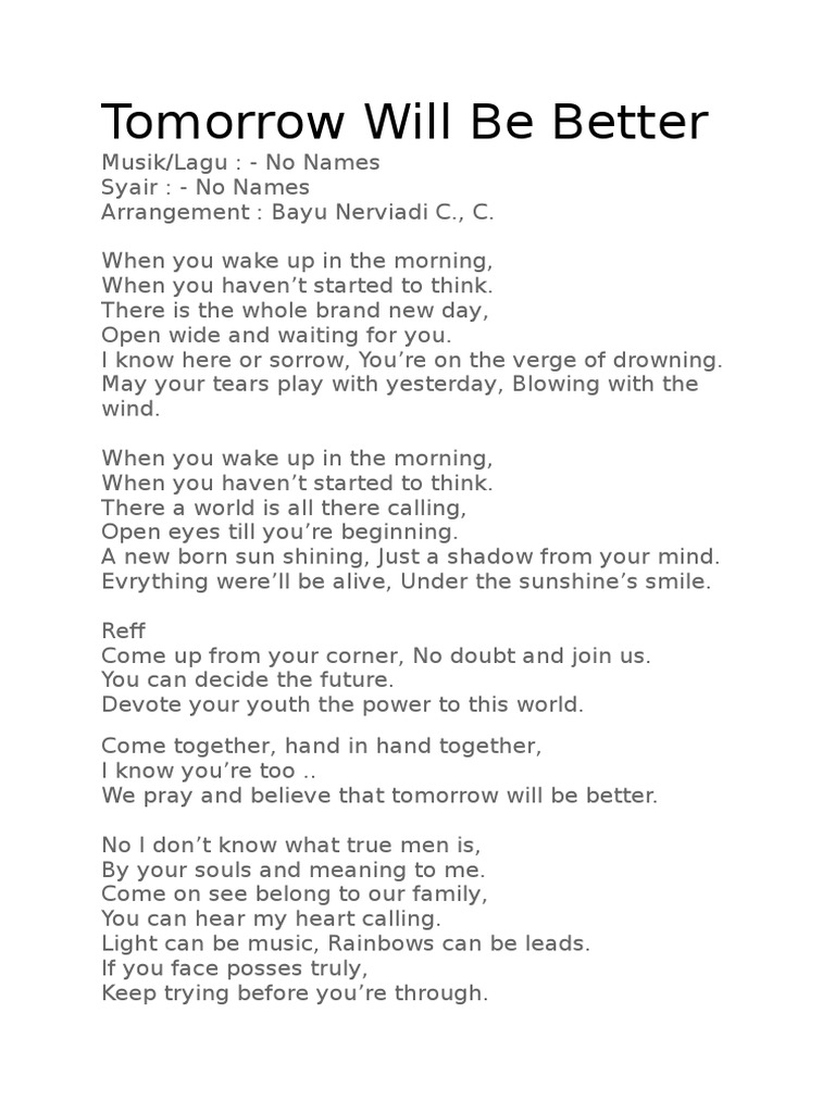 Tomorrow Will Be Better Lyrics | PDF