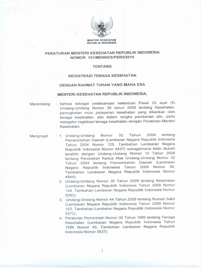 PMK No. 161 TTG Registrasi Tenaga Kesehatan PDF | PDF PMK No. 161 TTG Registrasi Tenaga Kesehatan PDF | PDF