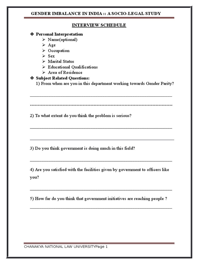 Gender Imbalance in India:: A Socio-Legal Study Interview Schedule ...