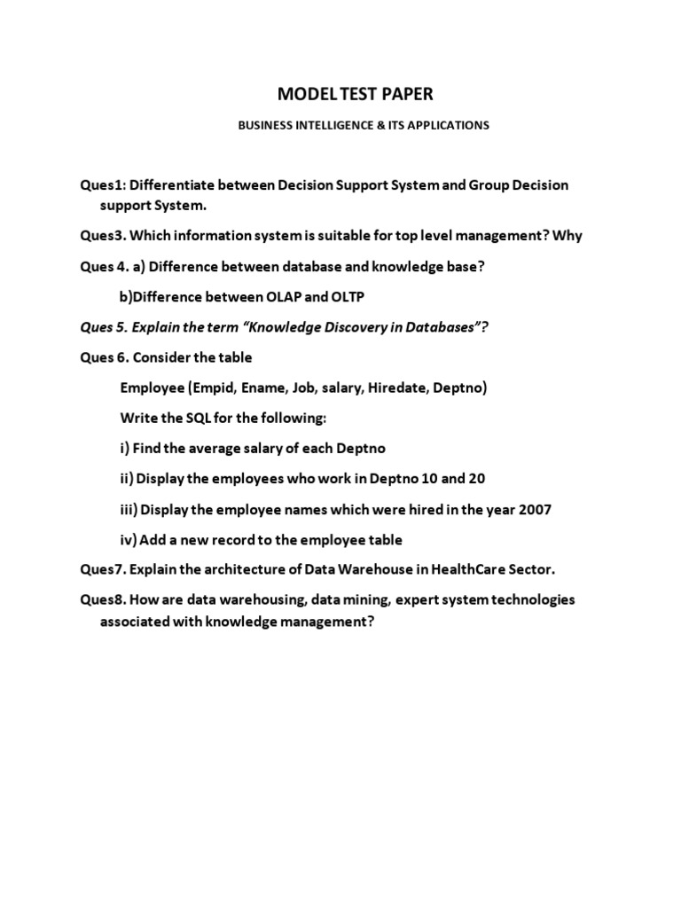 BIA Model Test Paper - 2014 | PDF | Data Mining | Data Warehouse