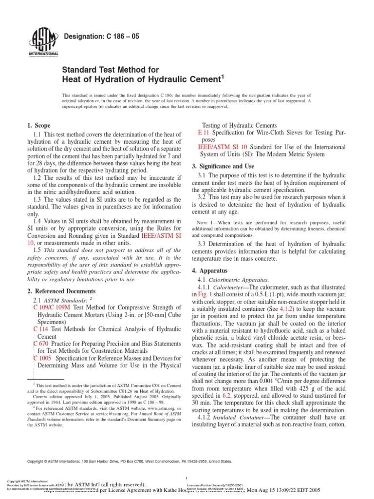 ASTM C 186 - Heat of Hydration of Hydraullic Cement ASTM C 186 PDF ...