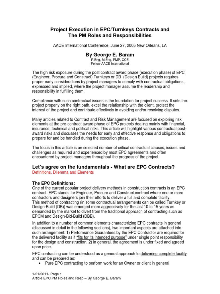 Project Execution in EPC:Turnkeys Contracts and The PM Roles and ...