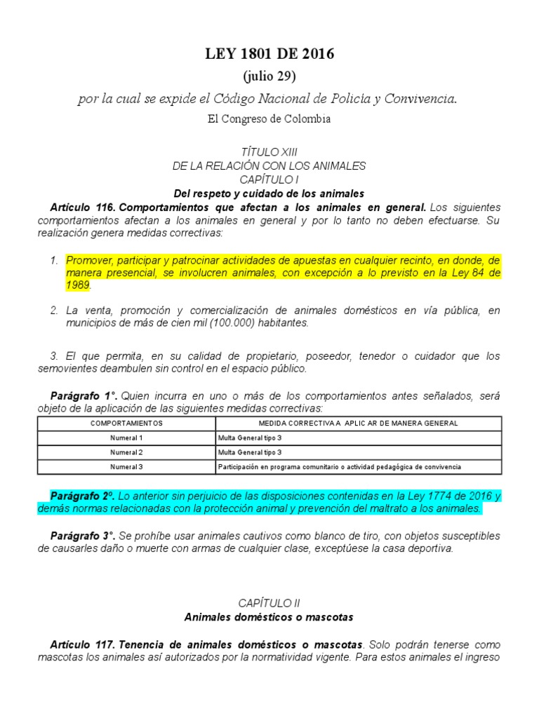 Ley 1801 de 2016 | PDF | Crueldad hacia los animales | Propiedad
