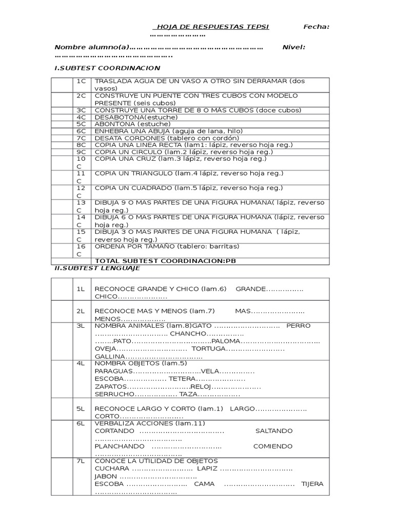 Hoja de Respuestas TEPSI Hoja1 | PDF | Métodos y materiales de ...