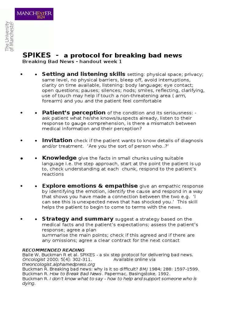 Spikes - : A Protocol For Breaking Bad News | PDF