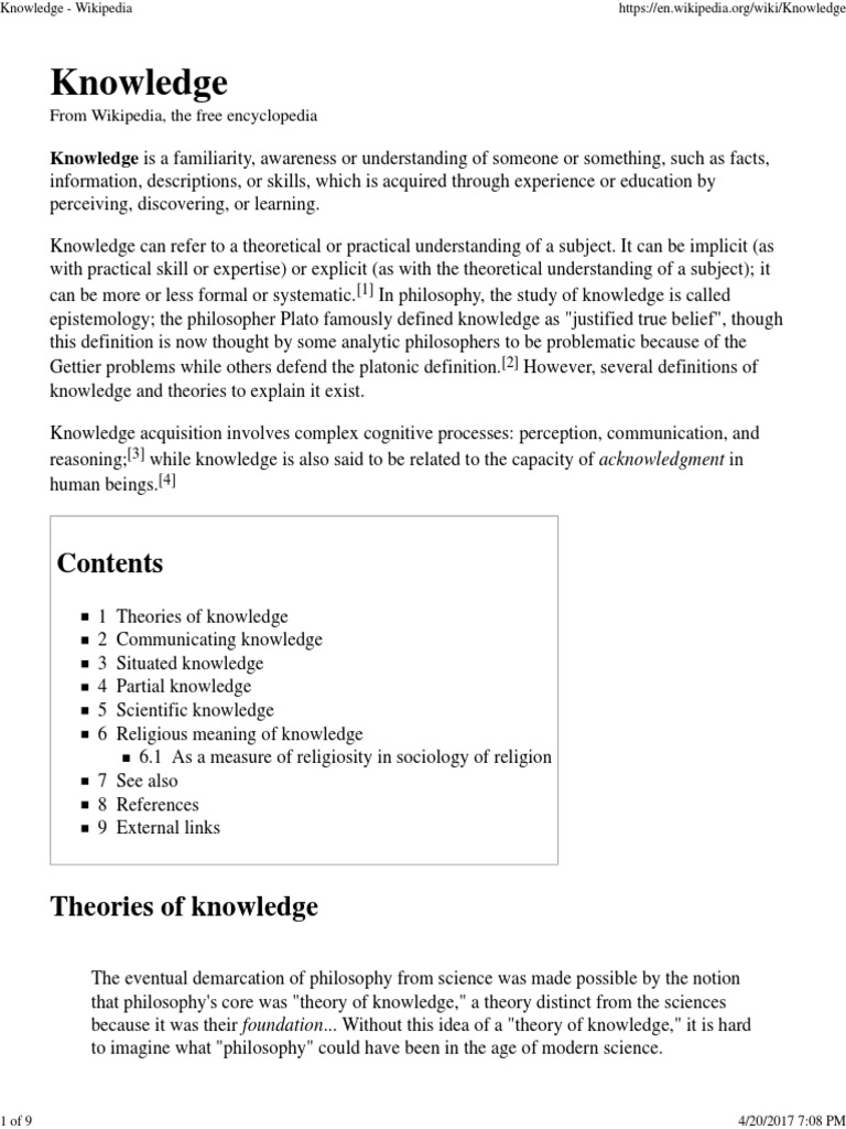 Knowledge - Wikipedia | PDF | Knowledge | Epistemology