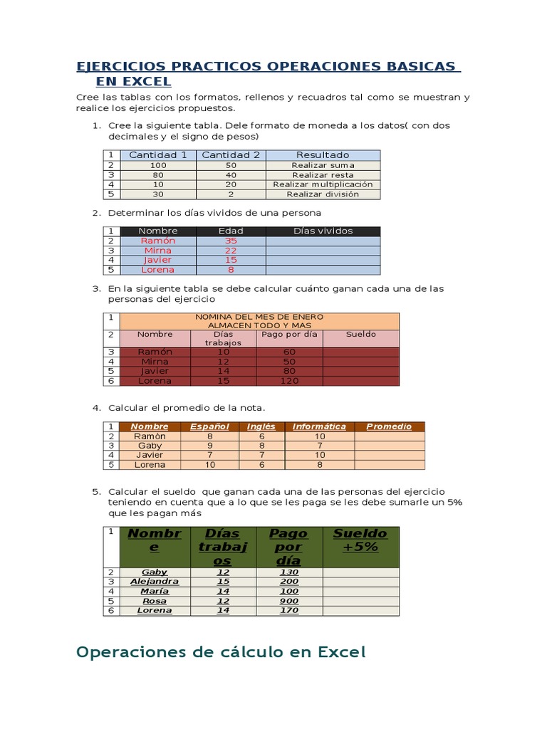 EJERCICIOS DE EXCEL OPERACIONES SUMA, RESTA, MULTIPLICACION Y DIVISION.doc | Fórmula | Informática