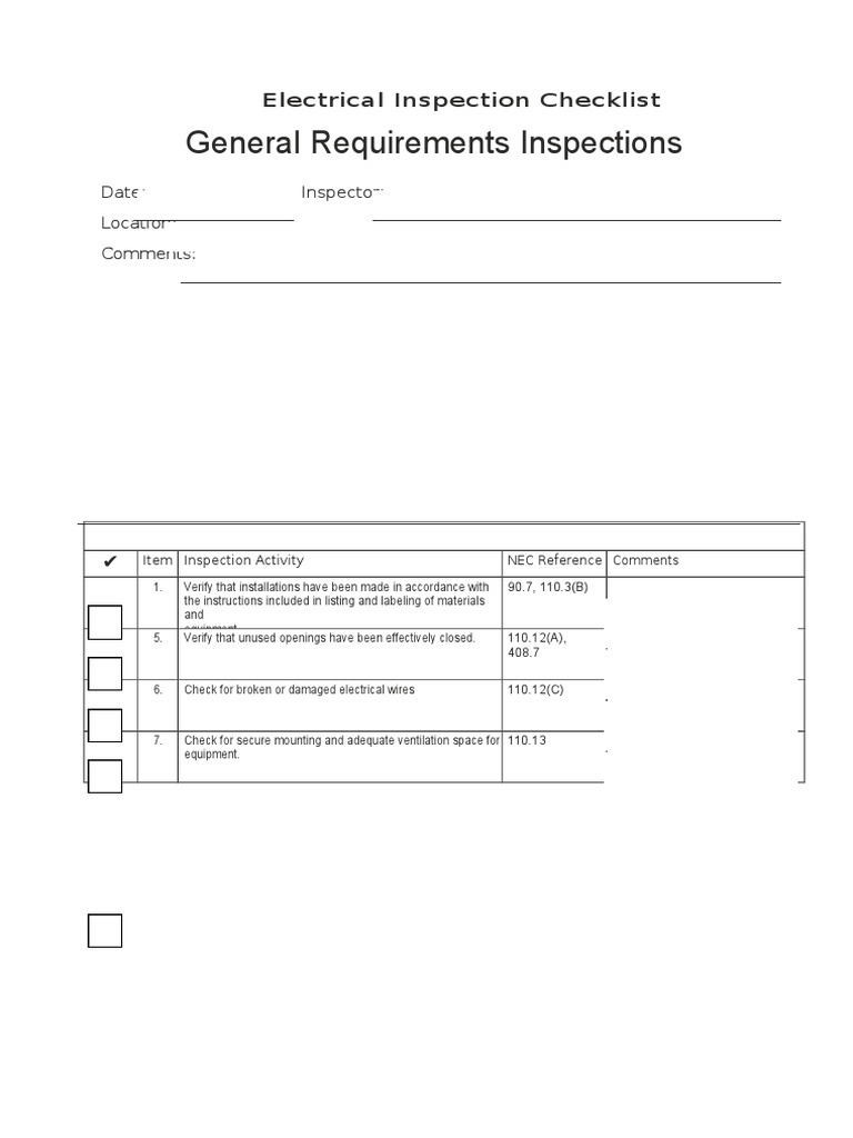 General Requirements Inspections: Electrical Inspection Checklist | PDF ...