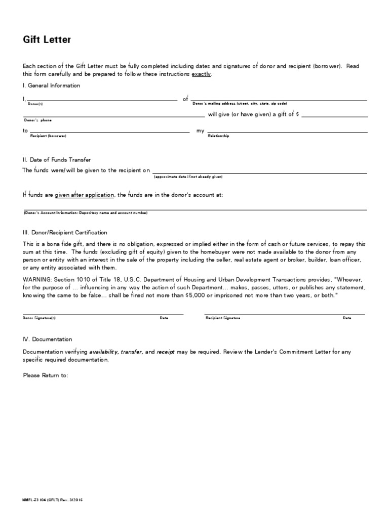 Mortgage Gift Letter Template | PDF