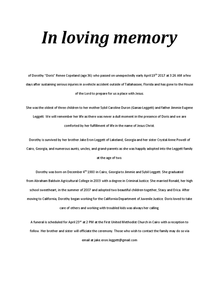 Remembering Dorothy "Doris" Copeland | PDF | Wellness | Religion ...