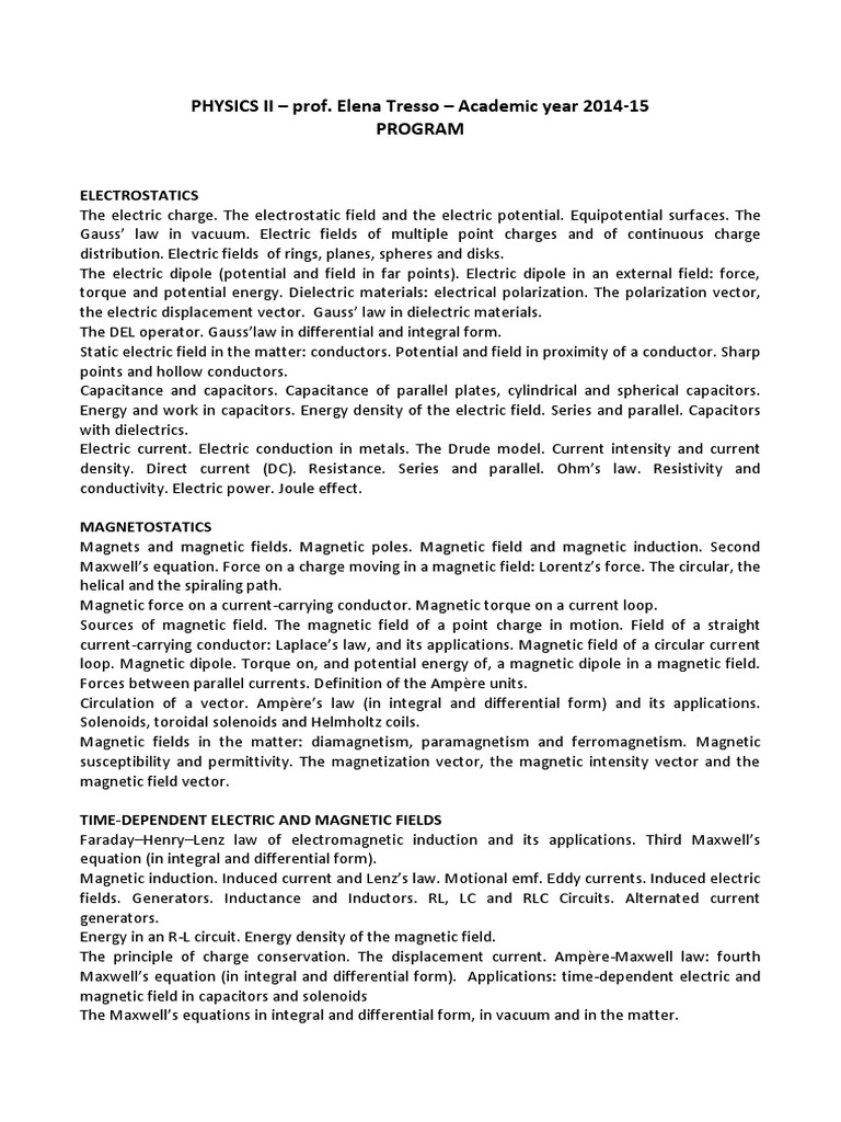 Physics II Course Syllabus: Electromagnetism, Electricity, Magnetism ...
