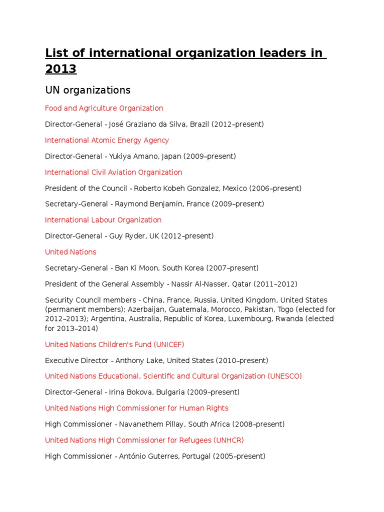 2013 International Organization Leaders | PDF | United Nations ...