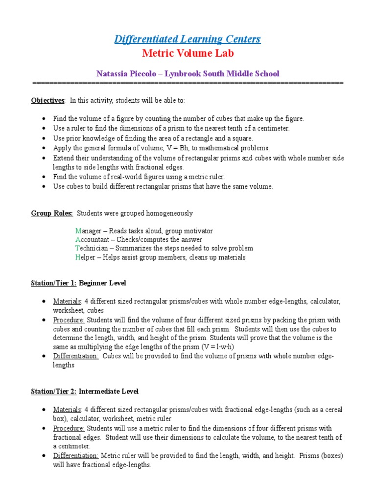 Differentiated Learning Centers: Metric Volume Lab | PDF | Volume | Length