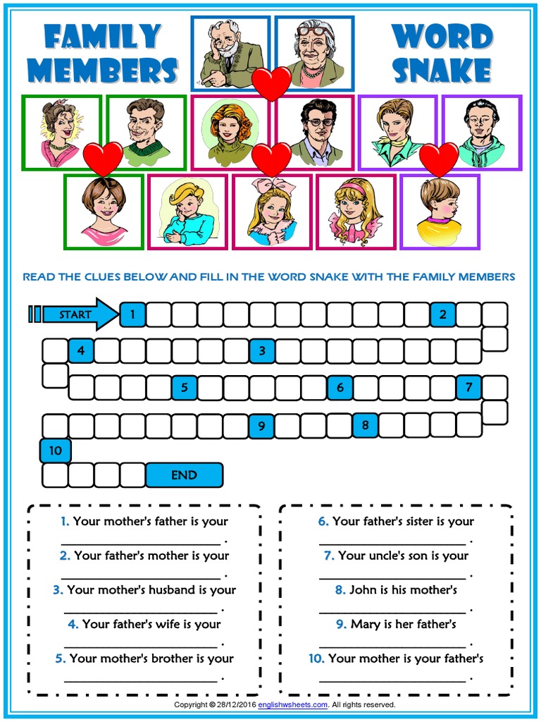 Family Members Esl Vocabulary Word Snake Puzzle Worksheet For Kids | PDF