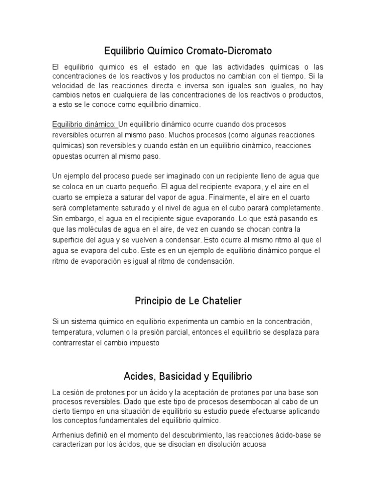 Experimento Cromato-Dicromato | PDF | Equilibrio químico | Propiedades del agua