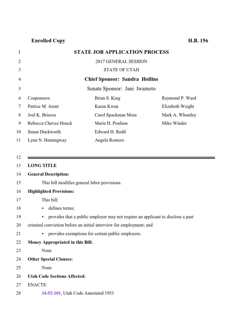 HB0156: State Job Application Process | PDF | Nolo Contendere | Government