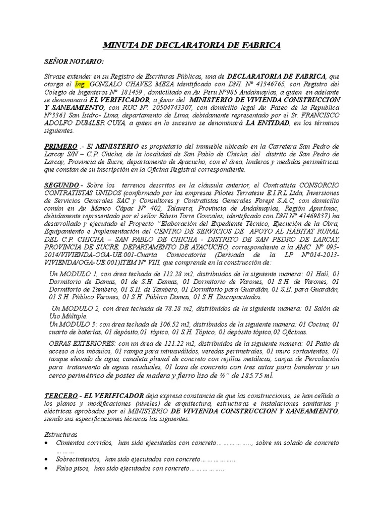 Modelo Declaratoria de Fabrica | PDF | Hormigón | Materiales de construcción