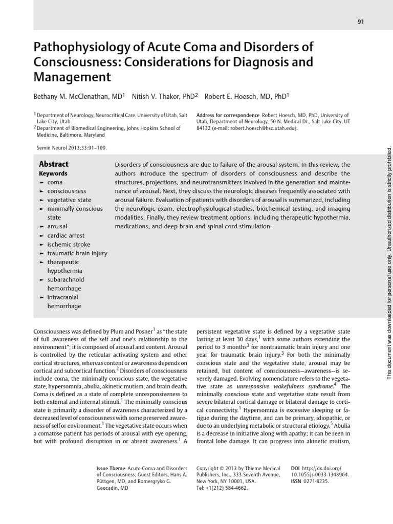 Pathophysiology of Acute Coma and Disorders of Consciousness | Thalamus ...