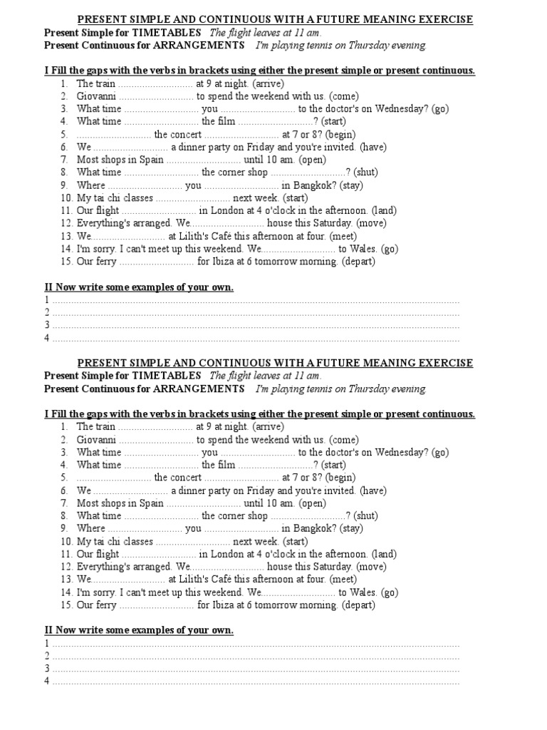 Present Simple and Continuous With A Future Meaning Exercise | PDF