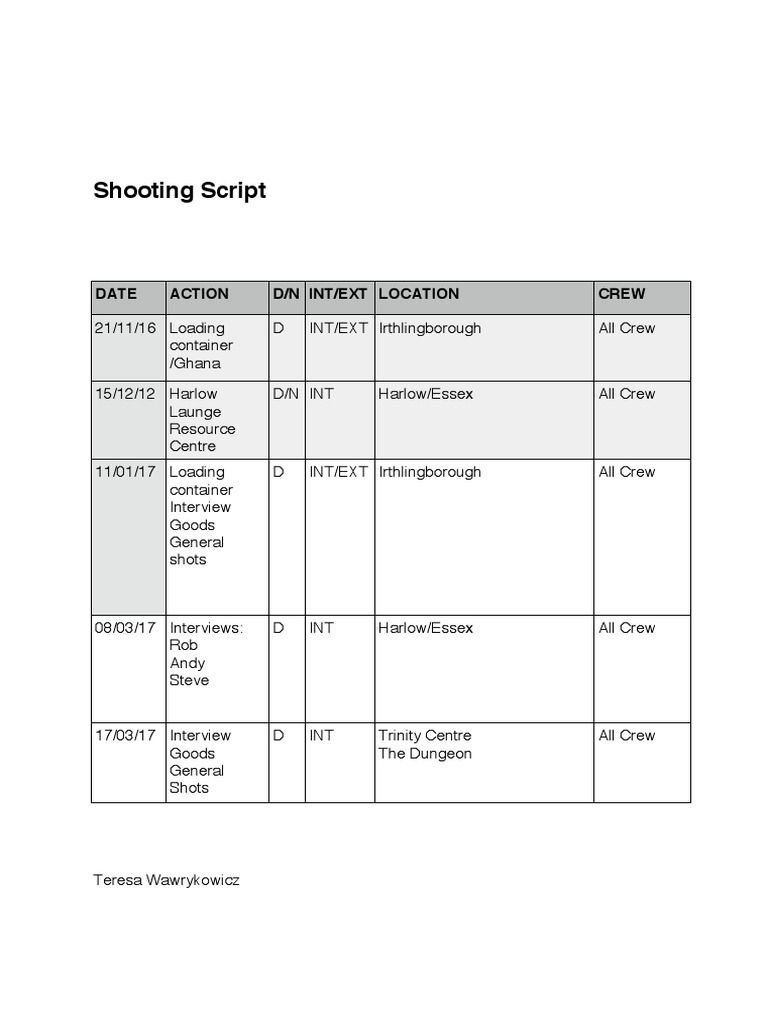 Shooting Script for Interviews and Actions | PDF