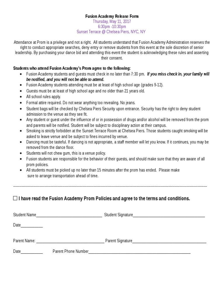 Fusion Prom Release & Registration Form 2017 | PDF | Prom | Secondary ...